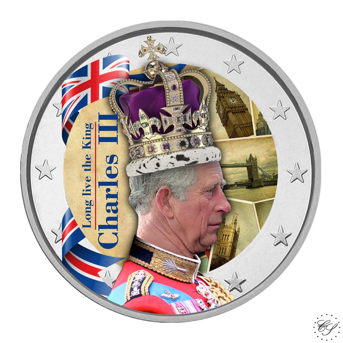 Kuningas Charles III 2 € 2023 Kruunajaiset juhlaraha, väritetty (#3 ...